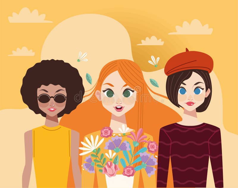 Happy three women group stock vector. Illustration of ethnic - 242207538