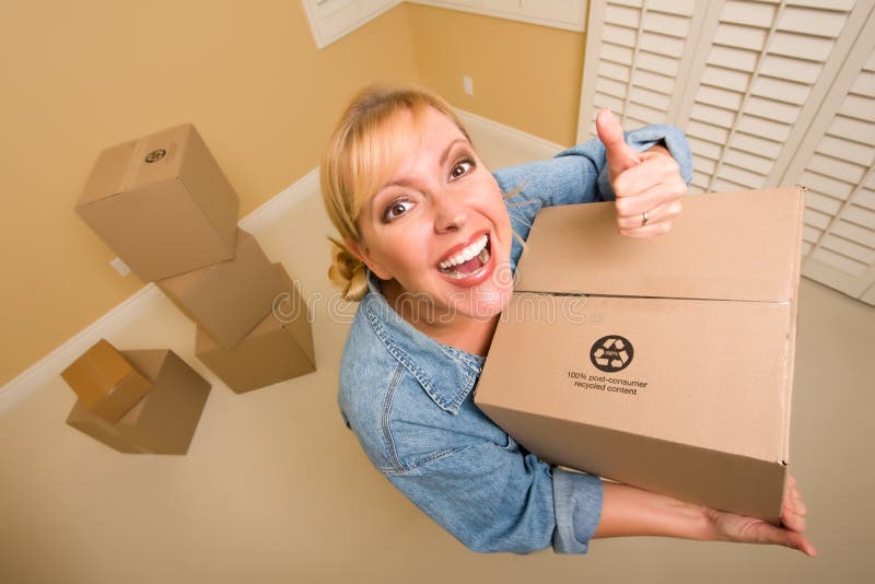 Happy Thumbs Up Woman Moving Boxes Stock Photo - Image of smiling ...