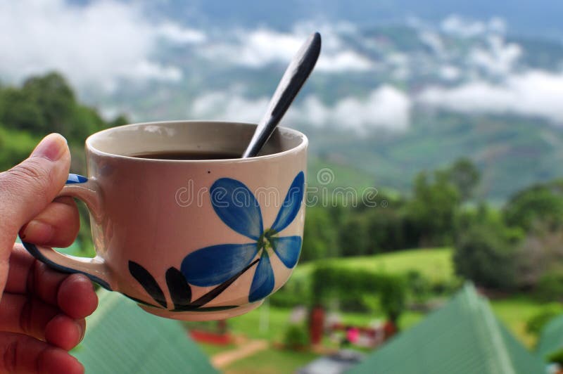 Happy Time with a Cup of Coffee and Mountain View Stock Photo - Image ...