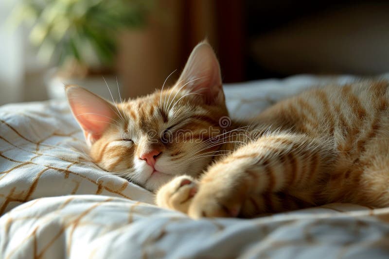 Happy Time Cute Cat Sleeping on the Bed . Generative Ai Stock ...