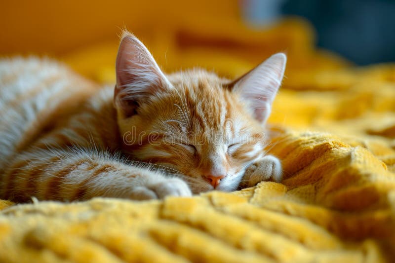 Happy Time Cute Cat Sleeping on the Bed . Generative Ai Stock Image ...