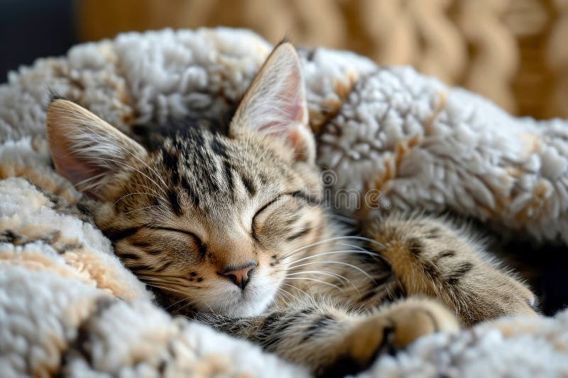 Happy Time Cute Cat Sleeping on the Bed . Generative Ai Stock Photo ...