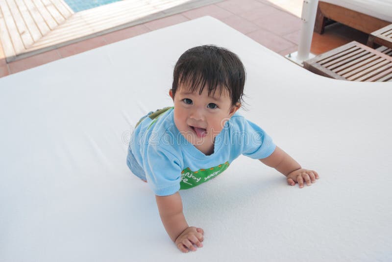 Happy Time on Pool Bed beside on the Tropical Resort Swimming Po Stock ...