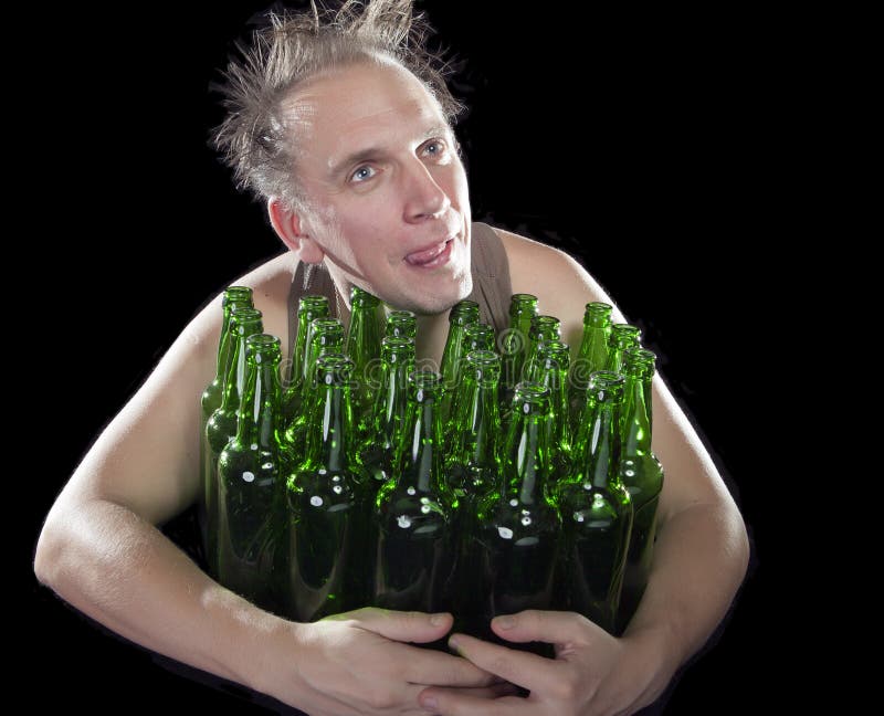 Happy Tipsy Man Near Empty Beer Bottles Stock Image - Image of sick ...