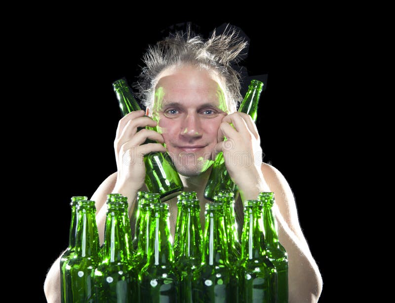 The Happy Tipsy Man Near Empty Beer Bottles Stock Photo - Image of lots ...
