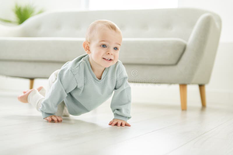 Happy Toddler Boy Crawling in Sitting Room Stock Image - Image of ...