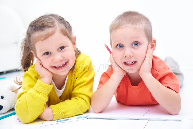 Happy Kids Friends Reading Together Stock Image - Image of cute, floor ...