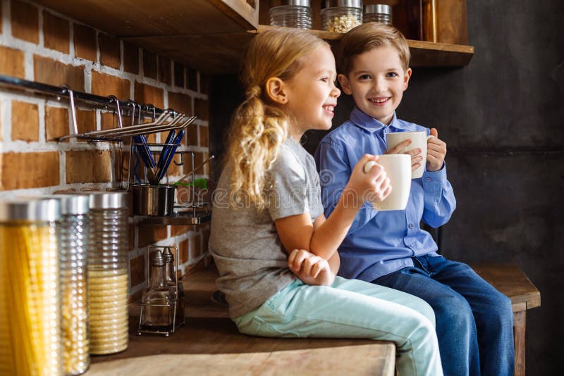 Positive Little Siblings Drinking Tea in the Kitchen Stock Photo ...