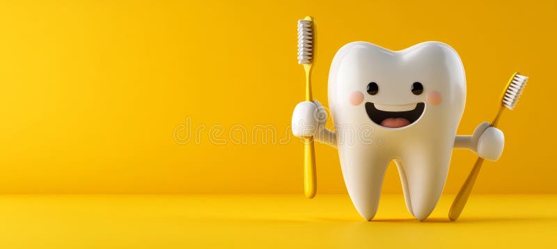 Happy Tooth Character with Two Toothbrushes on a Vibrant Yellow ...