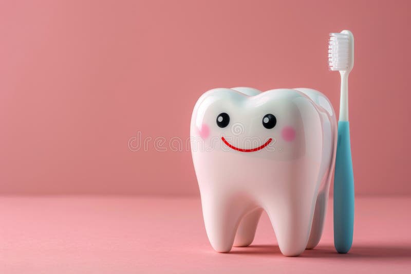 Happy Tooth Smiling with a Toothbrush on a Pink Background Stock ...