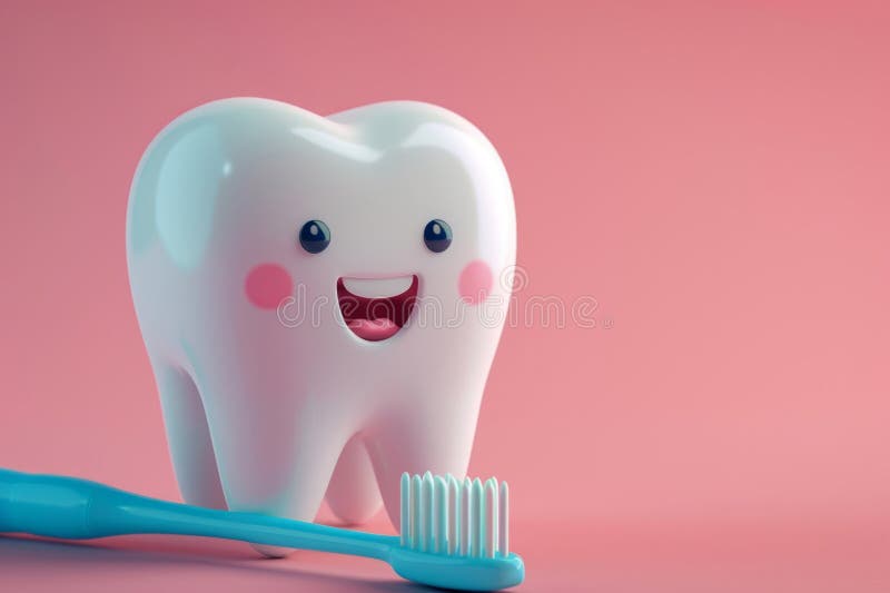 Happy Tooth Smiling with a Toothbrush on a Pink Background Stock ...