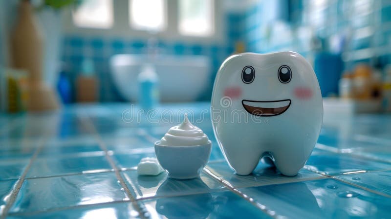 Happy Tooth with Toothpaste in a Blue Bathroom, Generative AI Stock ...
