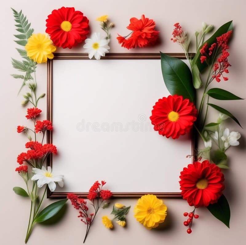Happy Top View Red Frame and Rose Flowers Arrangement on Blank Pape ...