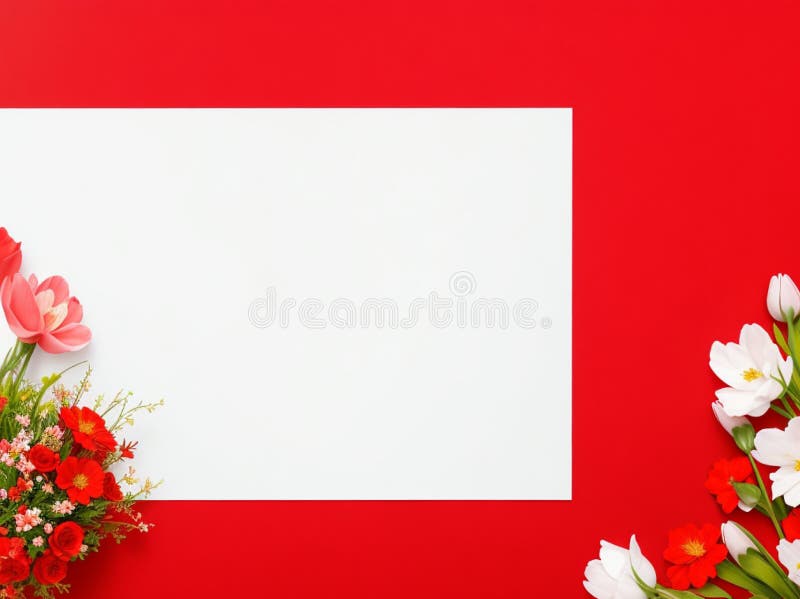 Happy Top View Red Frame and Rose Flowers Arrangement on Blank Pape ...