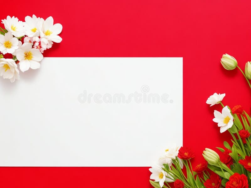 Happy Top View Red Frame and Rose Flowers Arrangement on Blank Pape ...