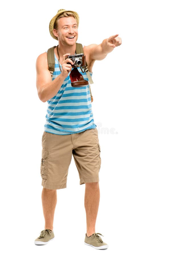 Happy Tourist Holding Retro Camera Isolated on White Stock Image ...