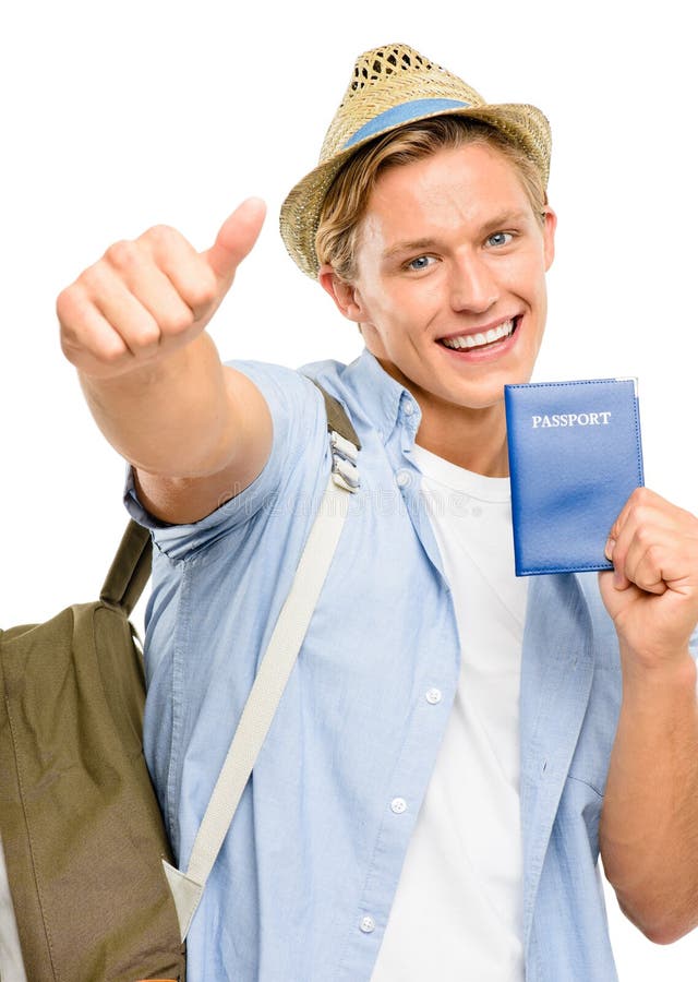 Happy Tourist Man Holding Passport Isolated On White Background Stock