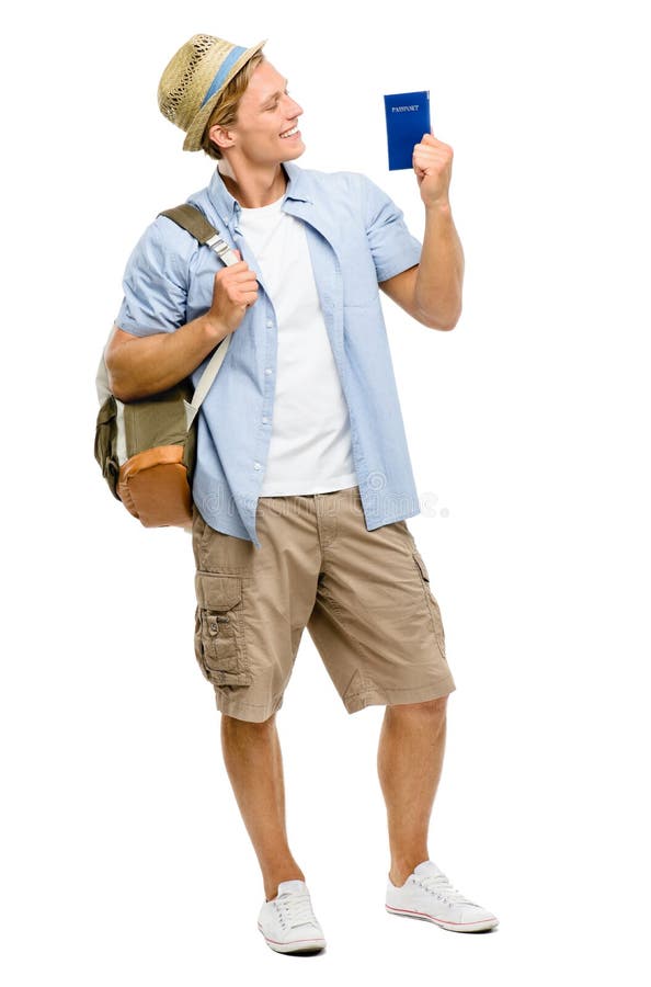 Happy Tourist Man Holding Passport Isolated On White Background Stock