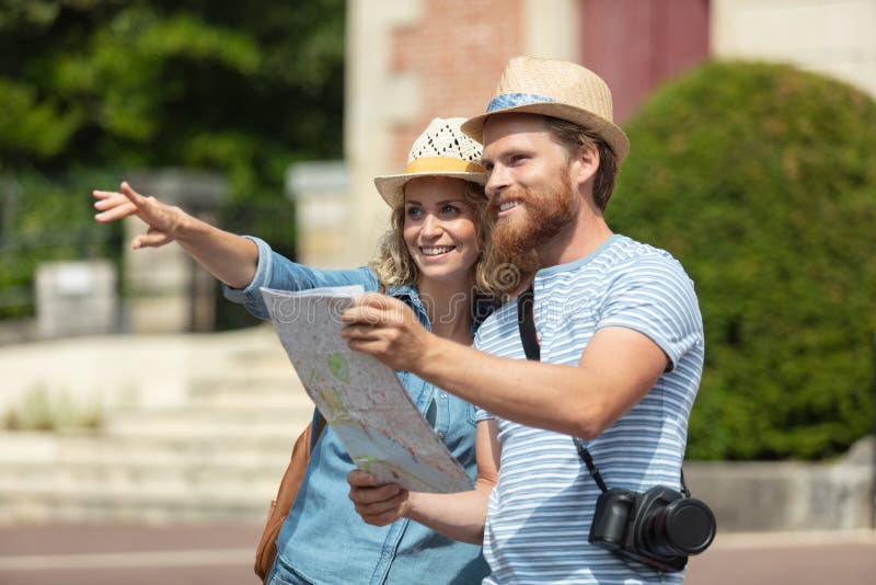 Happy Tourists Sightseeing City with Map Stock Image - Image of journey ...
