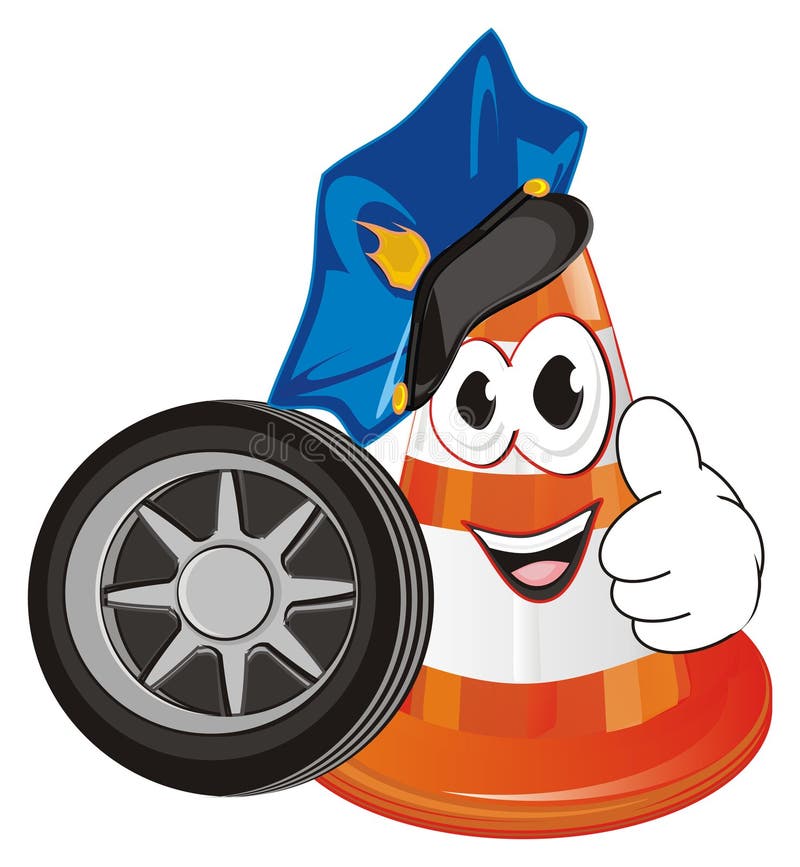 Happy Traffic Cone in Cap with Wheel Stock Illustration - Illustration ...
