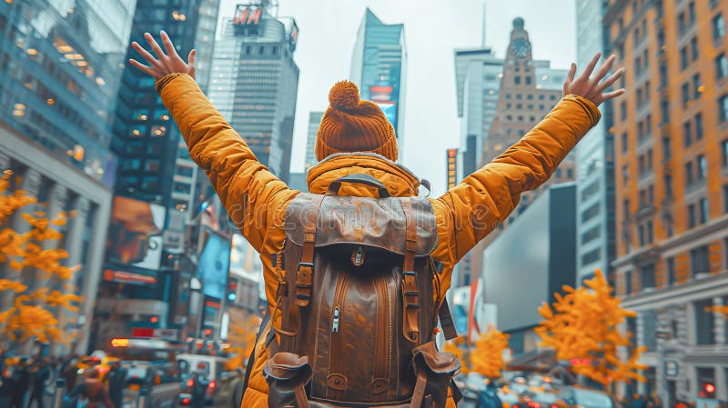 Happy Traveler with Hands Up Jumping for Joy Stock Illustration ...
