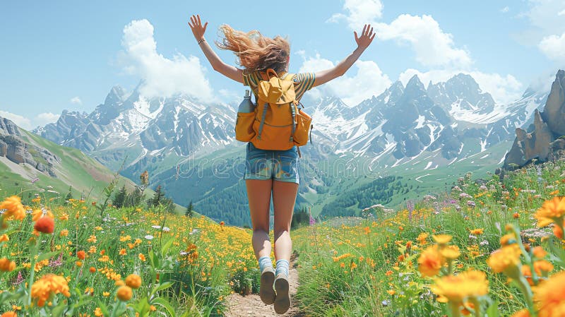 Happy Traveler with Hands Up Jumping for Joy Stock Illustration ...