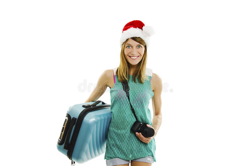 Happy Traveler in Santa Hat with Camera and Suitcase Going on Vacation ...