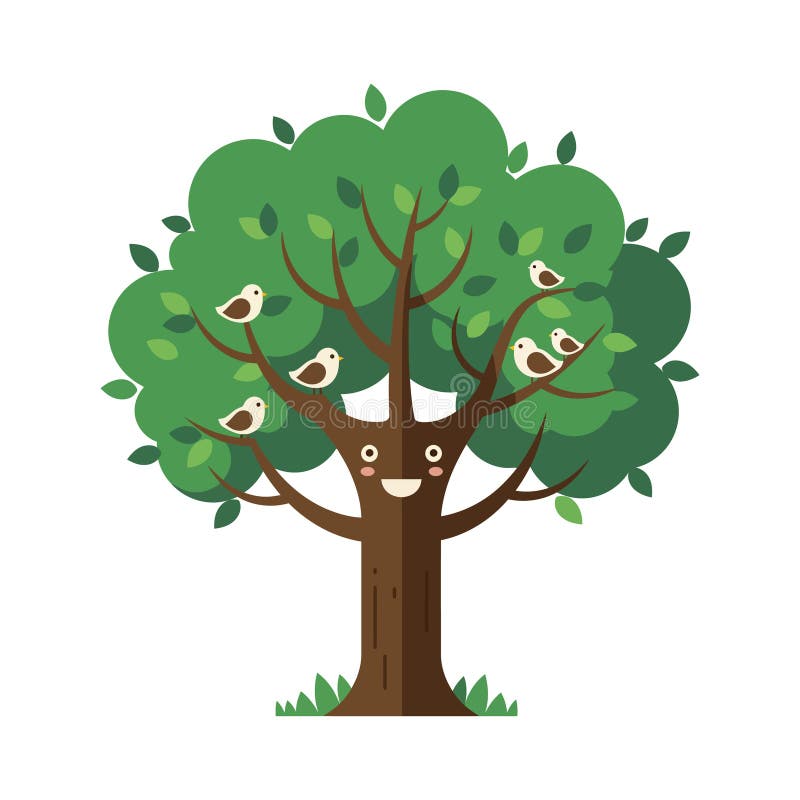Happy Tree with Smiling Face and Playful Birds in a Flat Vector ...