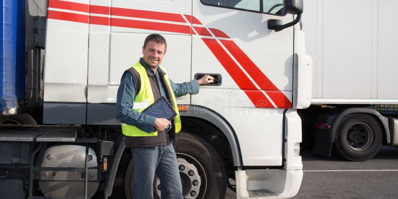 Happy Trucks Driver in Front of Container Delivery Truck Stock Image ...