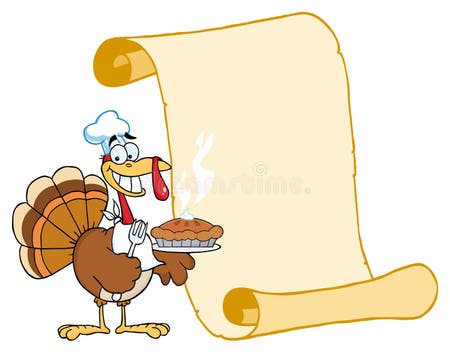Happy Turkey Chef with Pie and Scroll Stock Vector - Illustration of ...