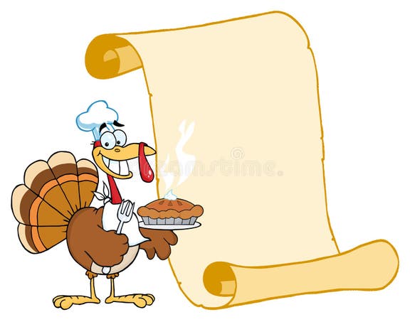 Happy Turkey Chef with Pie and Scroll Stock Vector - Illustration of ...