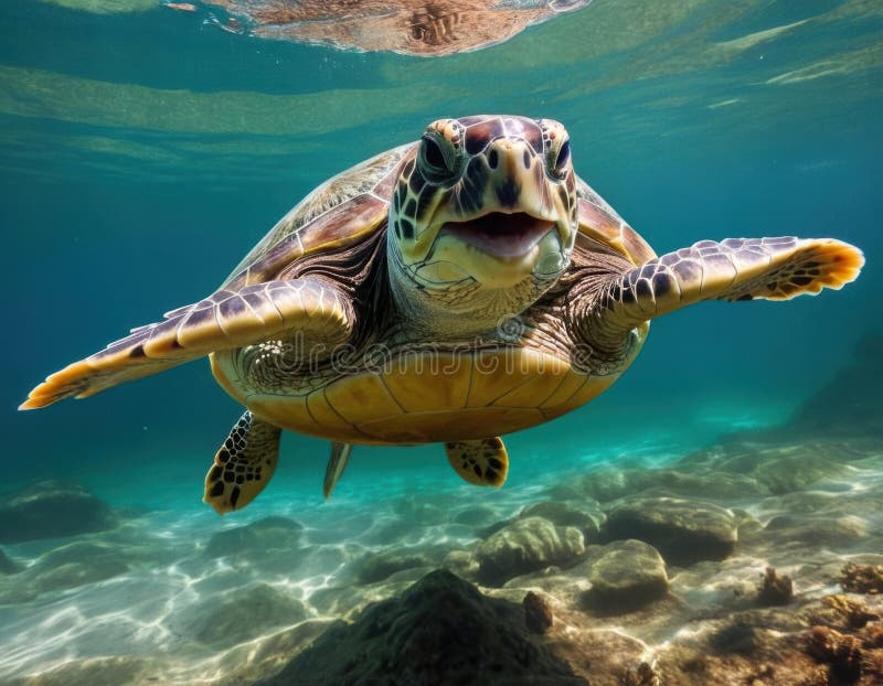 Happy Turtle Jumping Forward Under Water. Stock Illustration ...