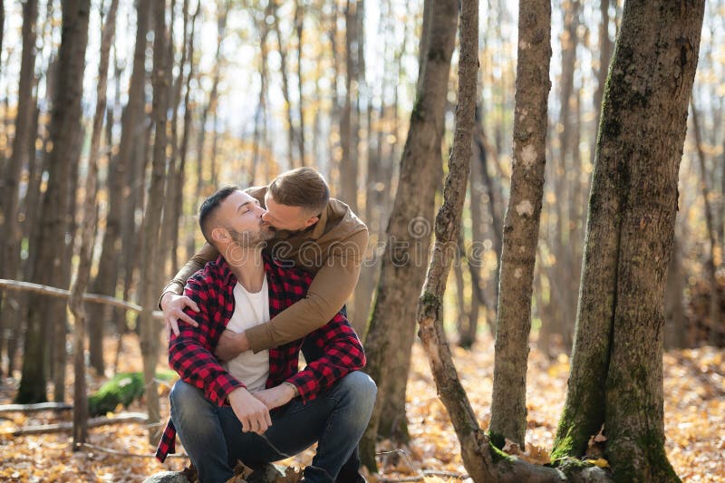 Happy Two Men Couple in Autumn Park Stock Photo - Image of boyfriend ...