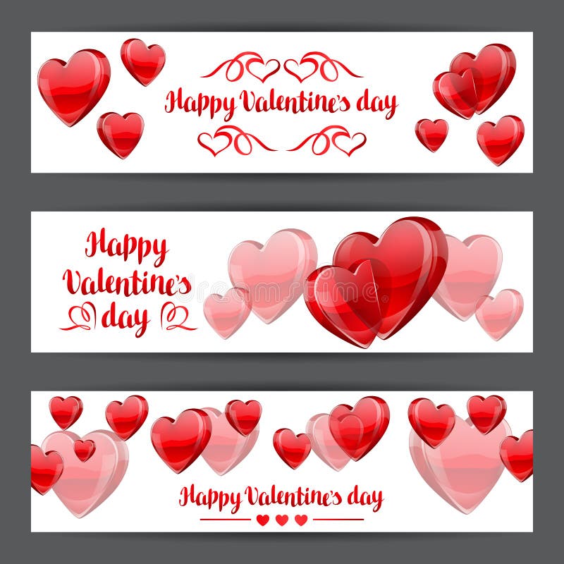 Happy Valentine Day Banners with Red Realistic Hearts Stock Vector ...