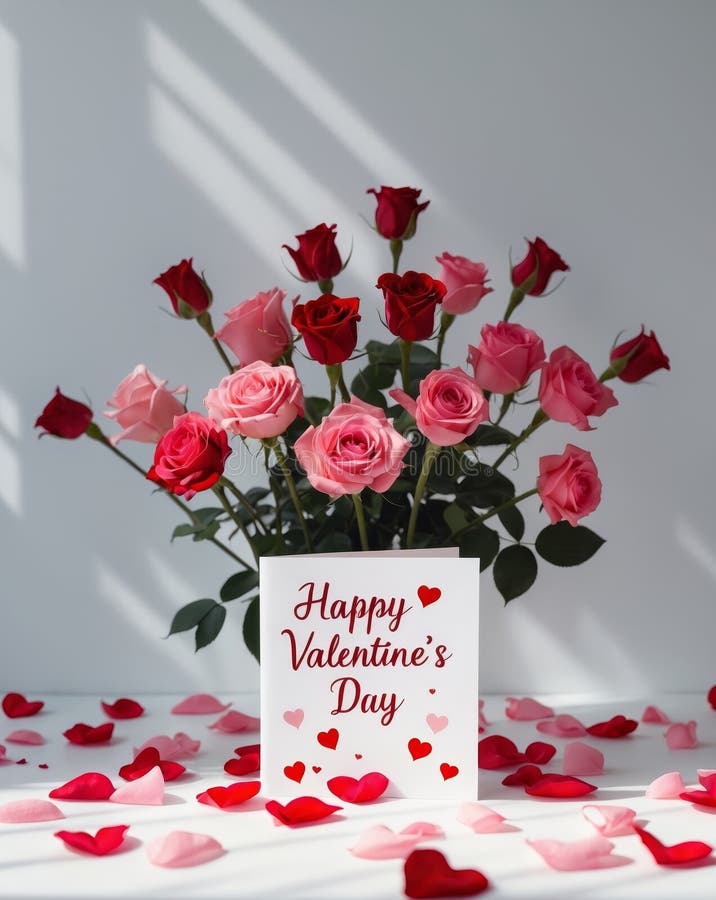 Happy Valentines Day Card with Roses and Hearts Stock Photo - Image of ...