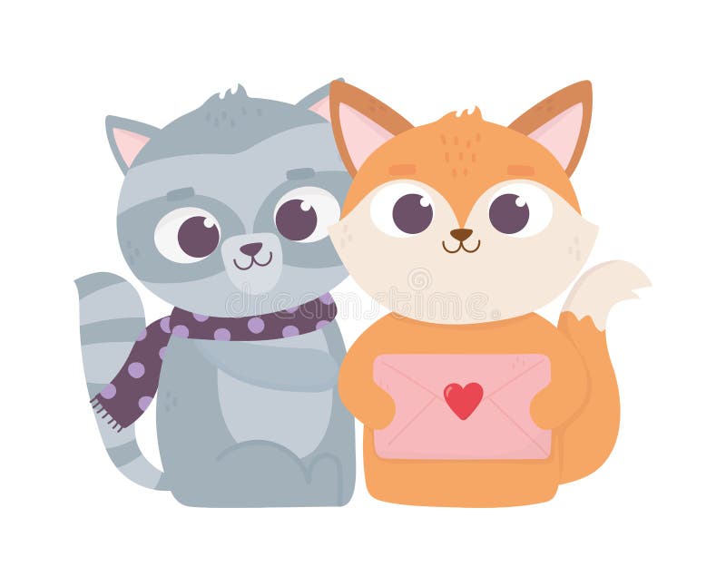 Happy Valentines Day, Cute Animals Cat and Fox with Message Love Stock ...