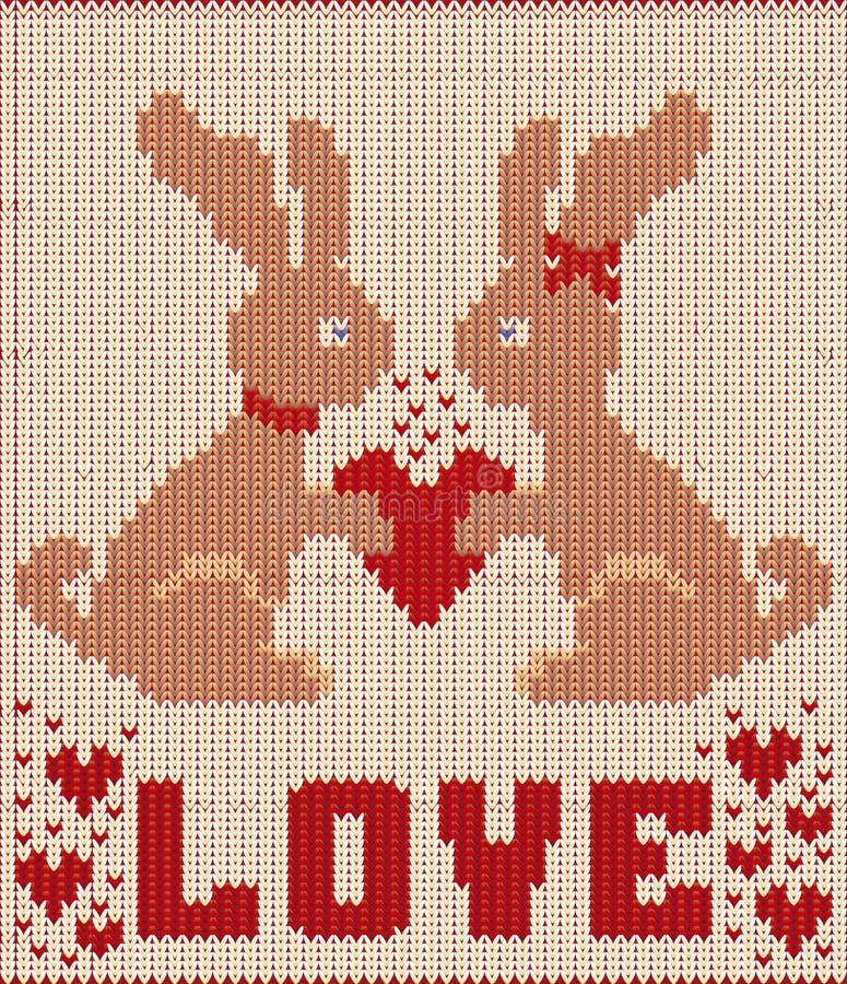 Happy Valentines Day Knitted Card with Two Rabbit and Hearts,vector ...
