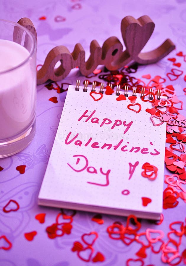 Happy Valentines Day Write in Notepad between Hearts Stock Photo - Image of confetti, happy ...