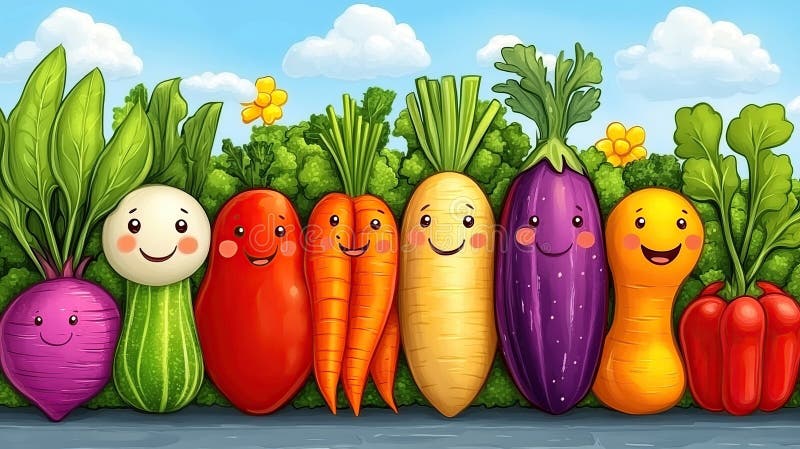 Happy Vegetables in a Garden Row Stock Illustration - Illustration of plant, fresh: 382680814