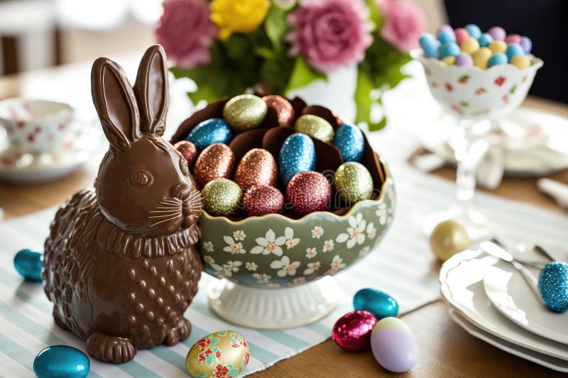 Happy and Vibrant Easter Table Decorated with Colored Eggs, Chocolate ...