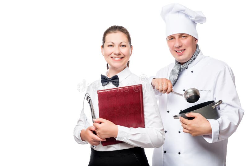 Happy Waitress and Chef with Cooking Utensils on a White Background ...