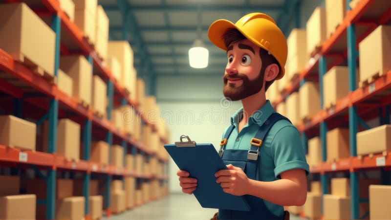 Happy Warehouse Worker Checking Inventory Stock Illustration ...