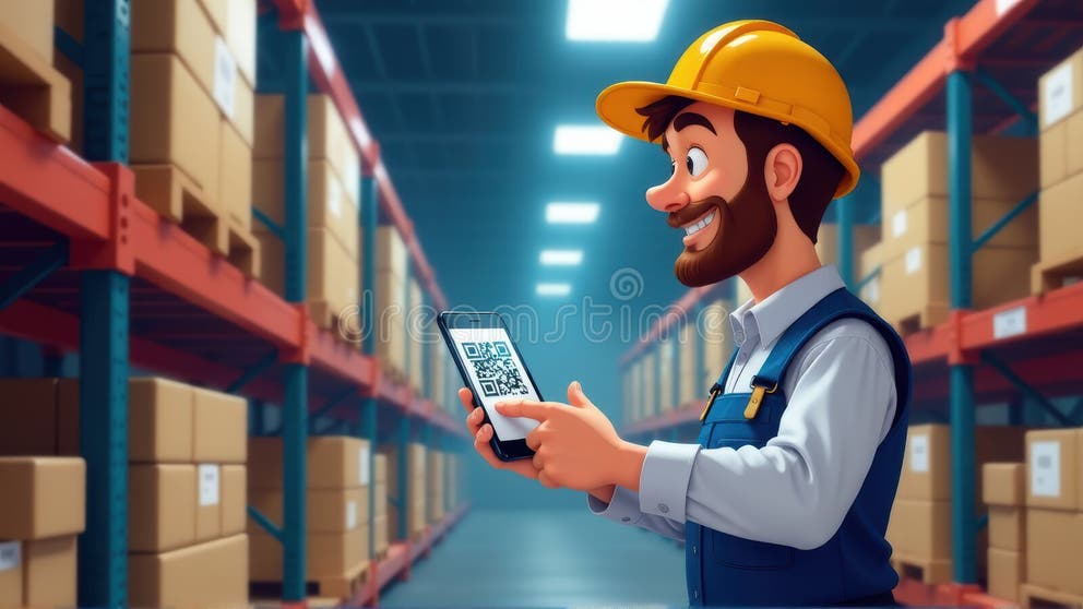Happy Warehouse Worker Scanning QR Code on Smartphone Stock ...
