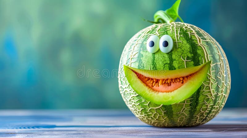 Happy Watermelon Character with Googly Eyes on Blue Table Stock Image ...