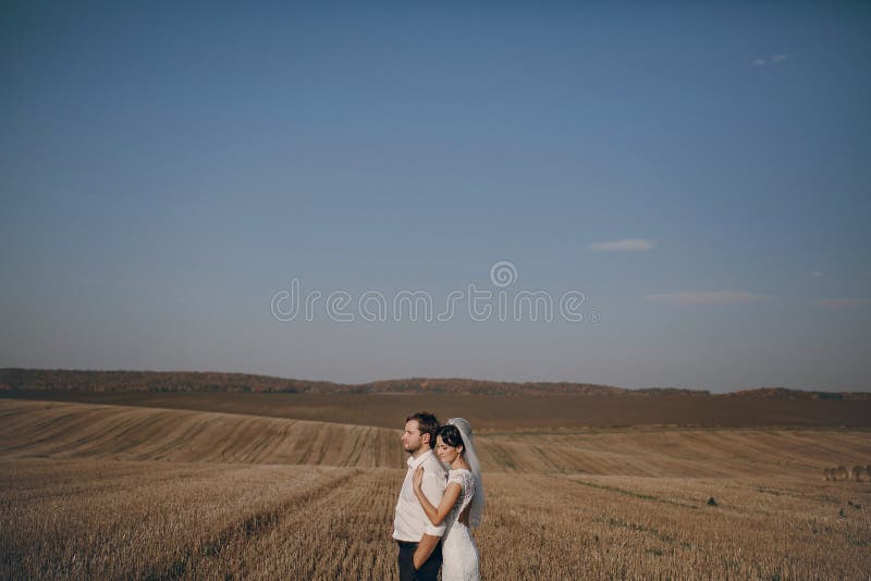 Happy Wedding Couple in a Field Stock Image - Image of smiling ...