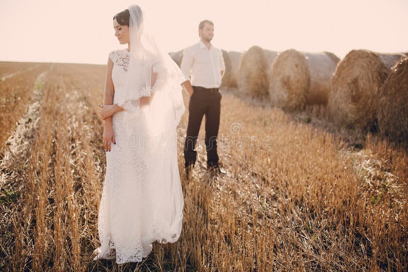 Happy Wedding Couple in a Field Stock Image - Image of love, beautiful ...