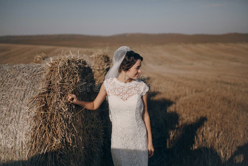Happy Wedding Couple in a Field Stock Image - Image of fashion, beauty ...