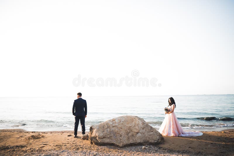 Happy Wedding Couple Staying Over Beautiful Landscape Stock Photo ...