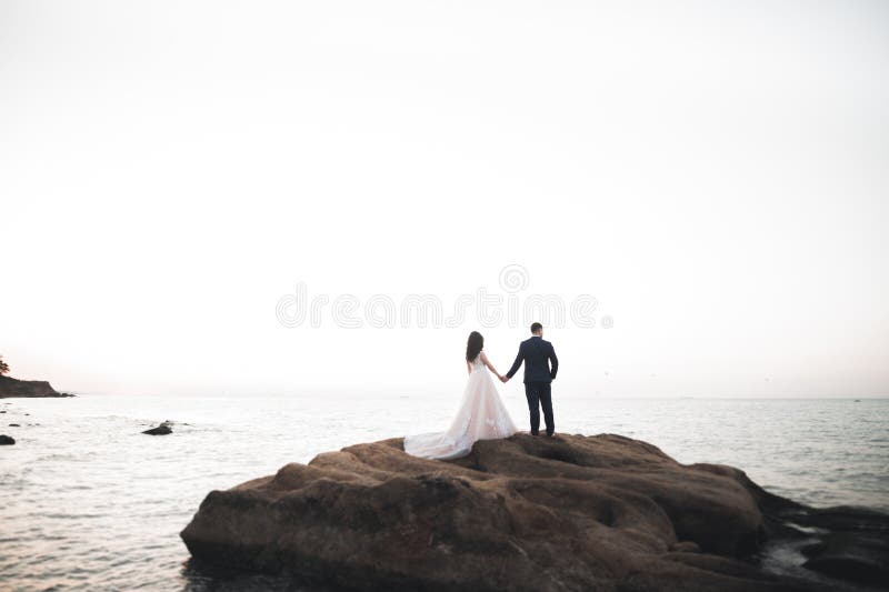 Happy Wedding Couple Staying Over Beautiful Landscape Stock Photo ...