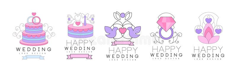 Happy Wedding Logo Design with Marriage Ceremony Element Vector Set ...